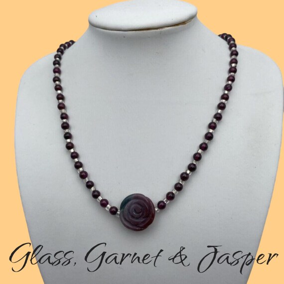 Silvertone Glass, Garnet & Jasper Beaded, Carved Rose… - Gem