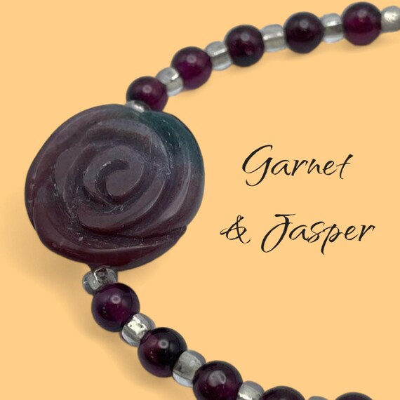 Silvertone Glass, Garnet & Jasper Beaded, Carved Rose… - Gem