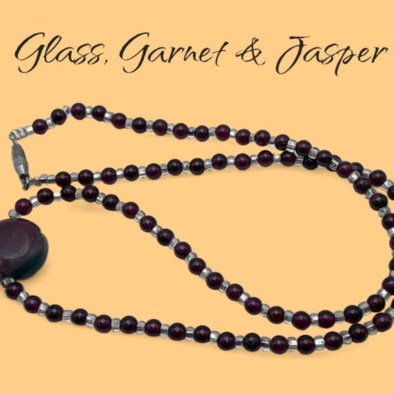 Silvertone Glass, Garnet & Jasper Beaded, Carved Rose… - Gem