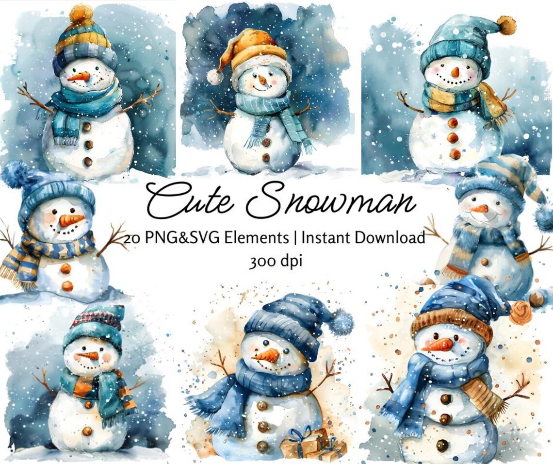 Watercolor Snowman Clipart Snowman Clip Art Snowman PNG Snowman SVG ...