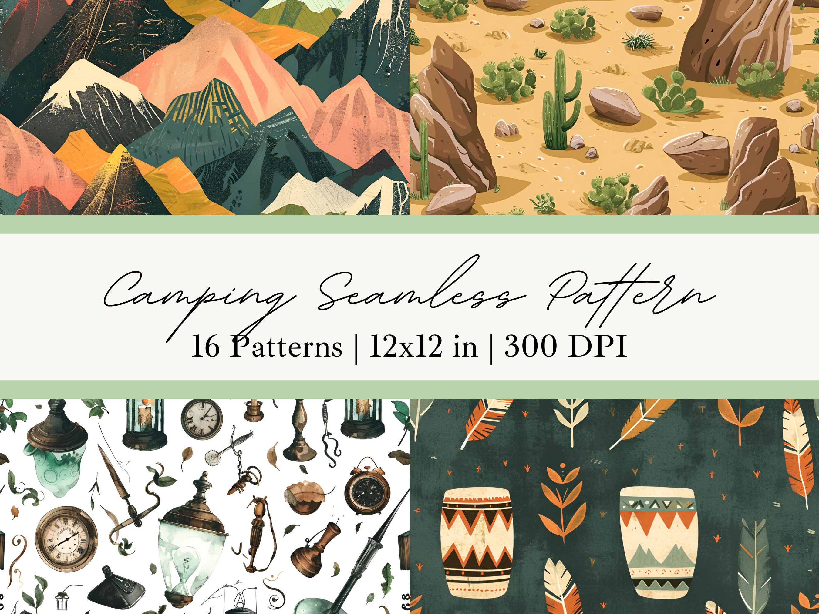 Camping Digital Paper Hiking Seamless Pattern Outdoor Wallpaper Camp ...