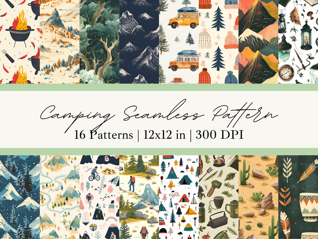 Camping Digital Paper Hiking Seamless Pattern Outdoor Wallpaper Camp ...