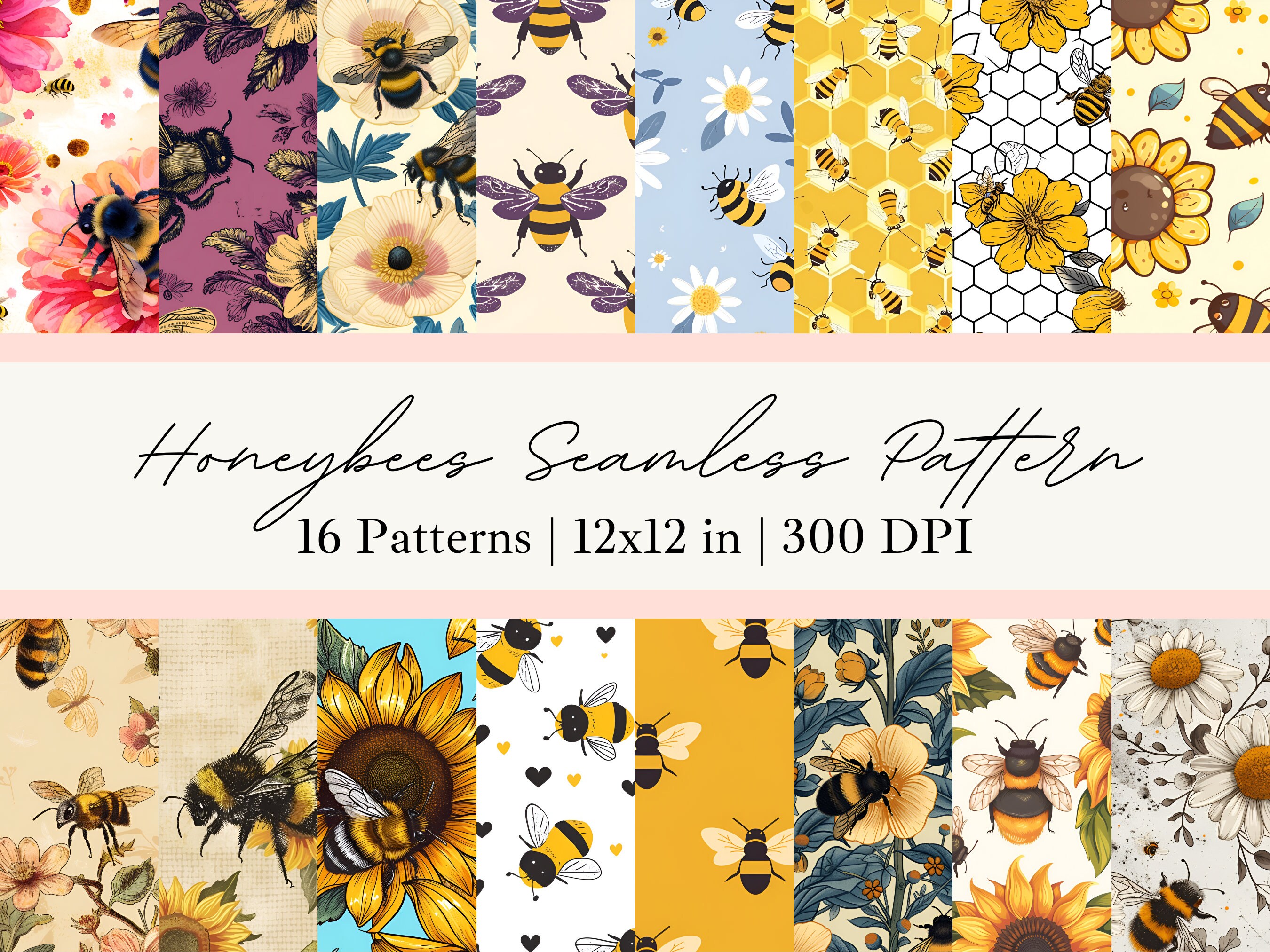 Bee Seamless Pattern Honeybee Digital Paper Bees Wallpaper Bee Digital ...