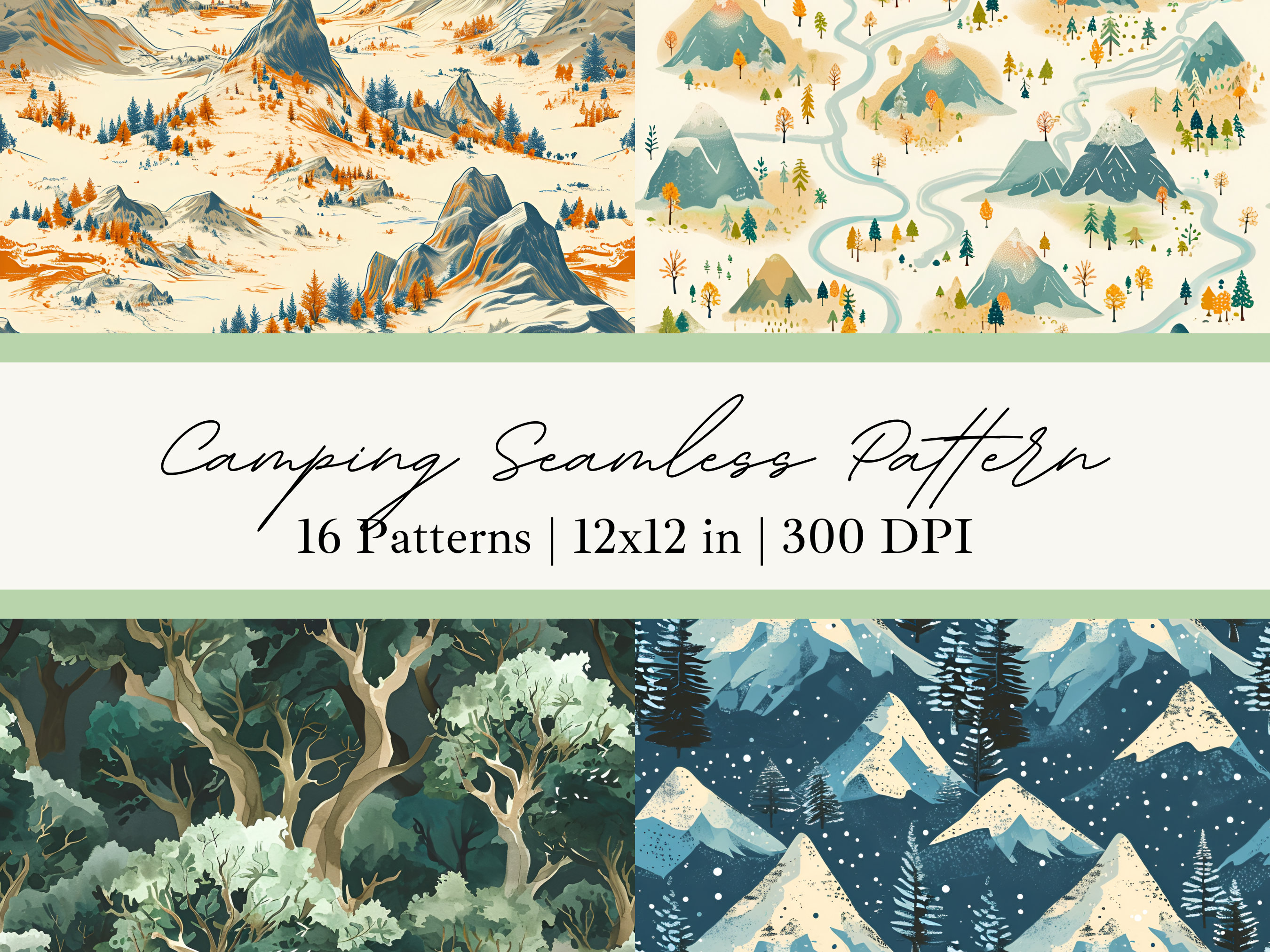 Camping Digital Paper Hiking Seamless Pattern Outdoor Wallpaper Camp ...