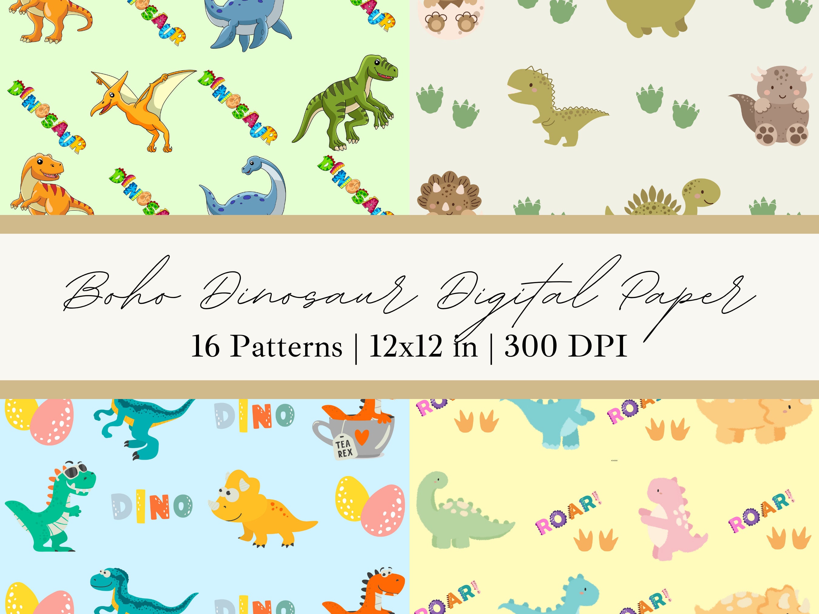 Boho Dinosaur Seamless Digital Papers, Dinosaur Seamless Pattern ...