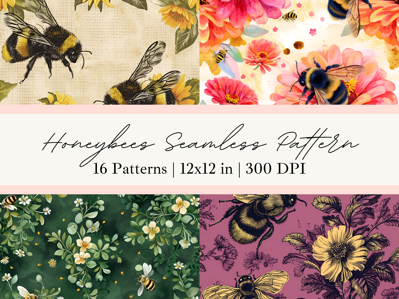 Bee Seamless Pattern Honeybee Digital Paper Bees Wallpaper Bee Digital ...