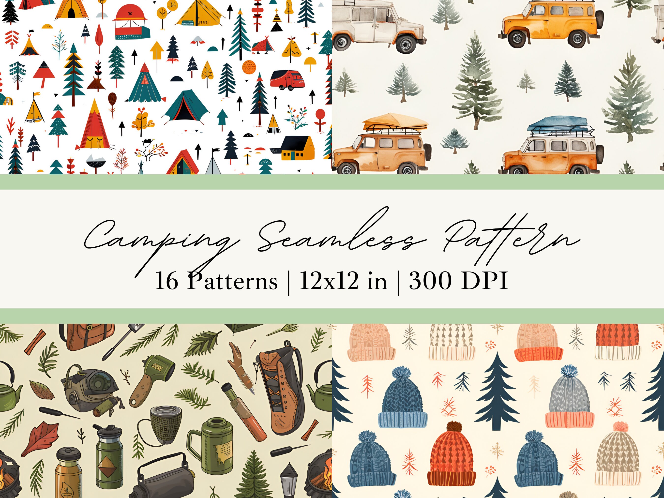 Camping Digital Paper Hiking Seamless Pattern Outdoor Wallpaper Camp ...