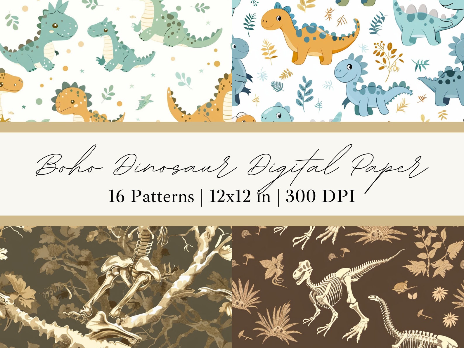 Boho Dinosaur Seamless Digital Papers, Dinosaur Seamless Pattern ...