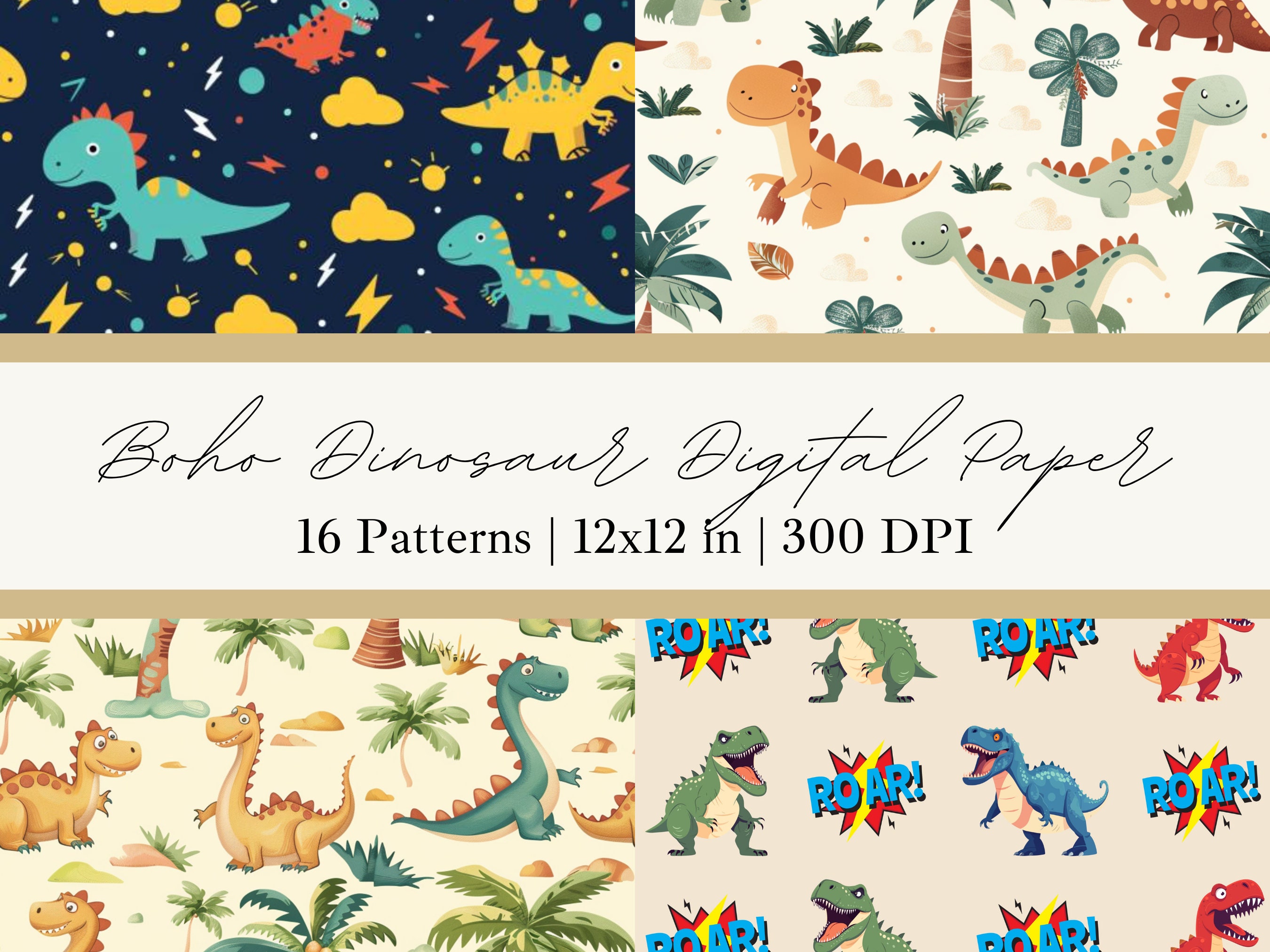 Boho Dinosaur Seamless Digital Papers, Dinosaur Seamless Pattern ...