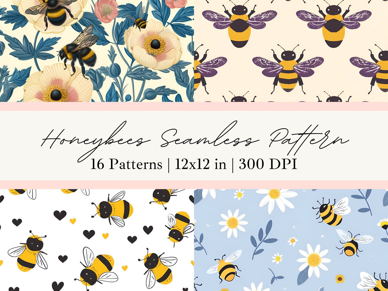 Bee Seamless Pattern Honeybee Digital Paper Bees Wallpaper Bee Digital ...