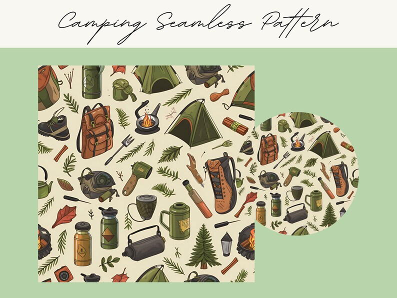 Camping Digital Paper Hiking Seamless Pattern Outdoor Wallpaper Camp ...