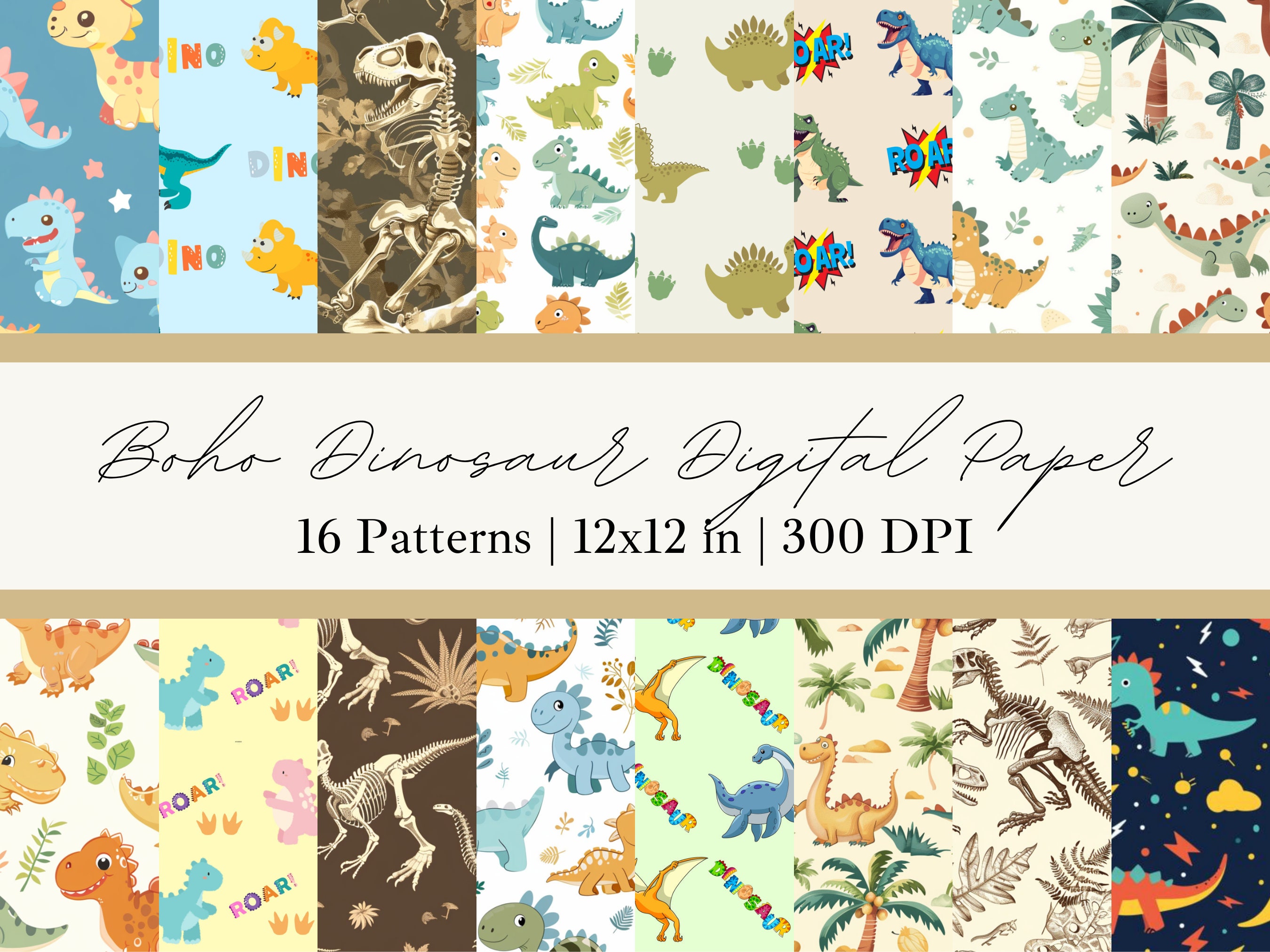 Boho Dinosaur Seamless Digital Papers, Dinosaur Seamless Pattern ...