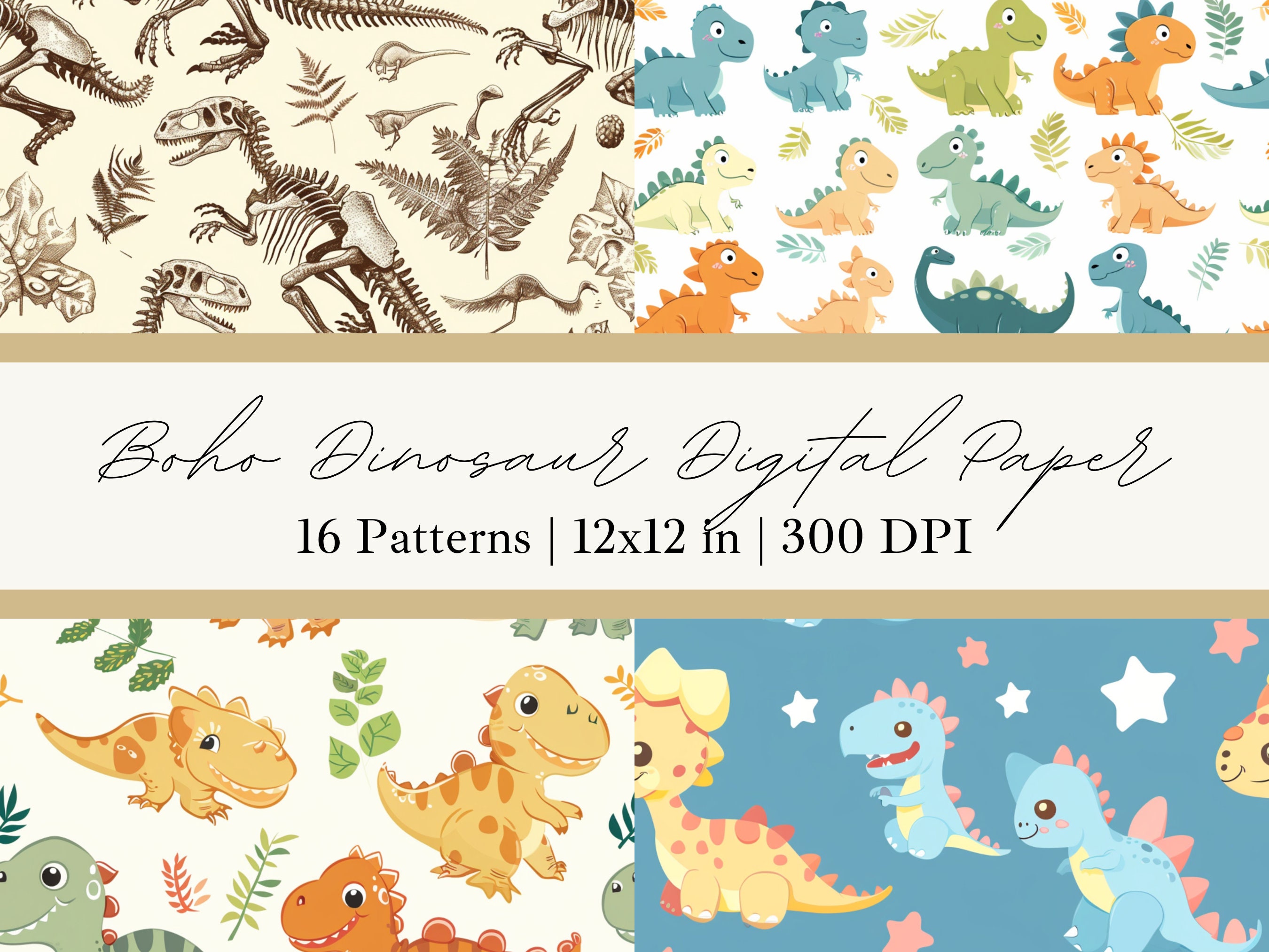 Boho Dinosaur Seamless Digital Papers, Dinosaur Seamless Pattern ...