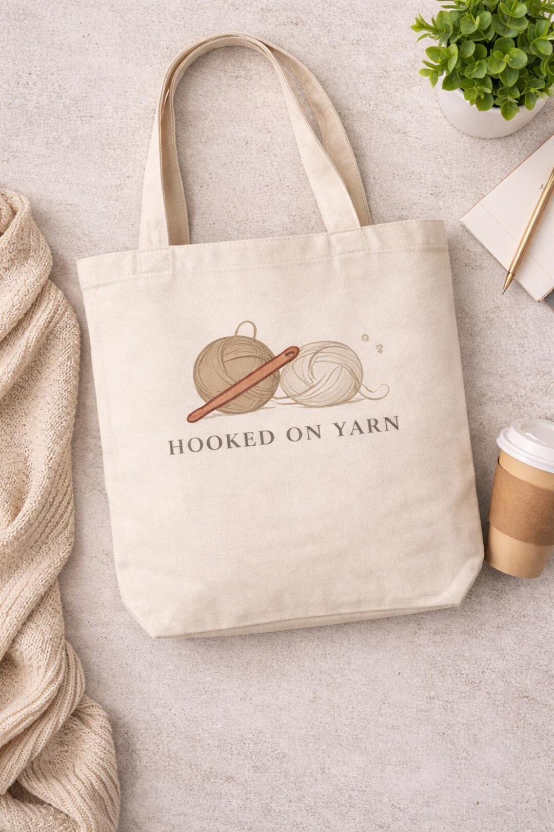 Hooked on Yarn Tote Bag | Crochet Balls and Hook Illustration - Etsy