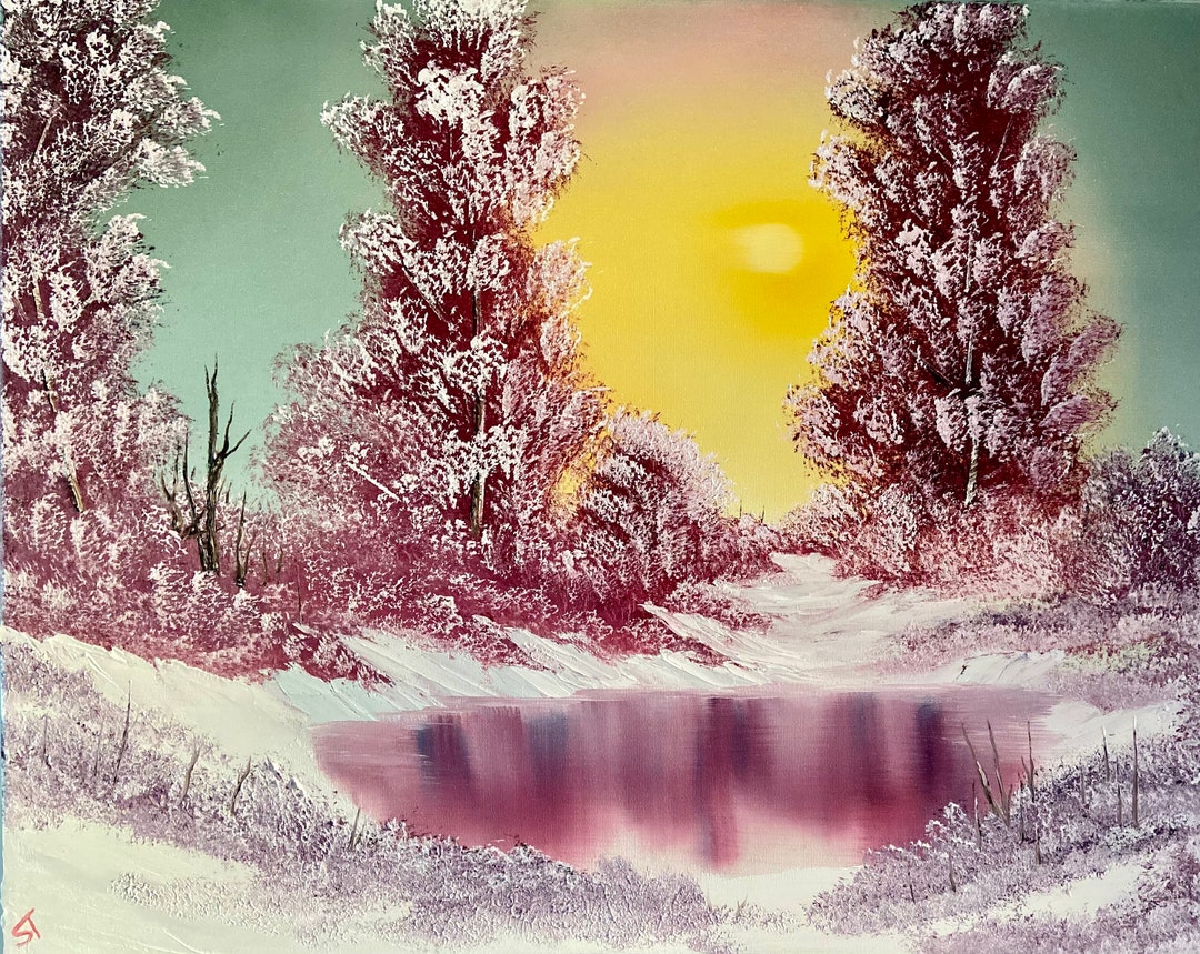 Bob Ross Style Painting, Winter Sun, Oil Painting on Canvas, Wall Decor ...