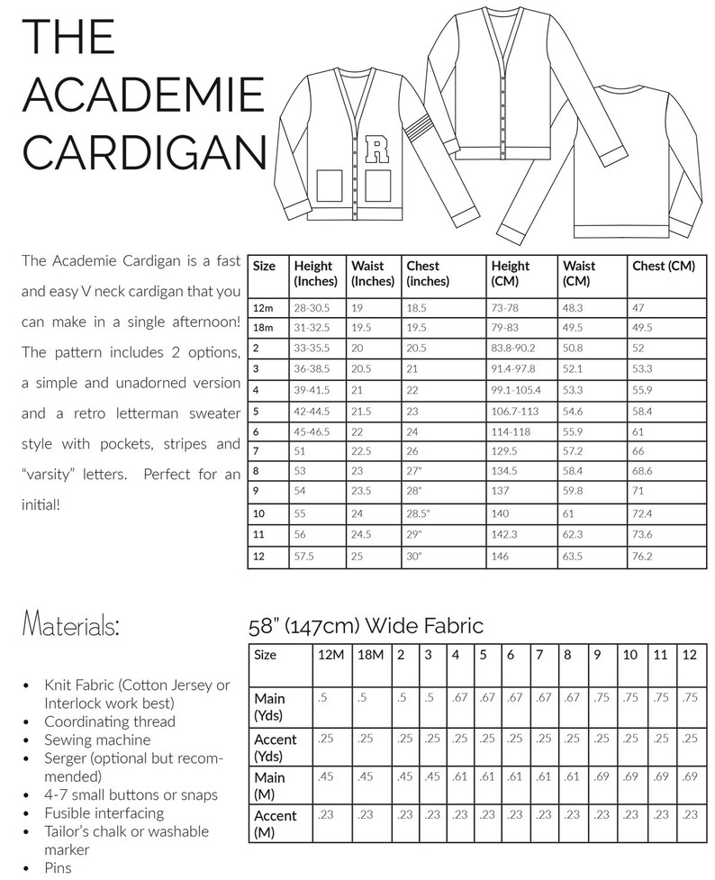 Child Cardigan PDF Sewing Pattern, the Academie Cardigan, Sized 12m-12y ...