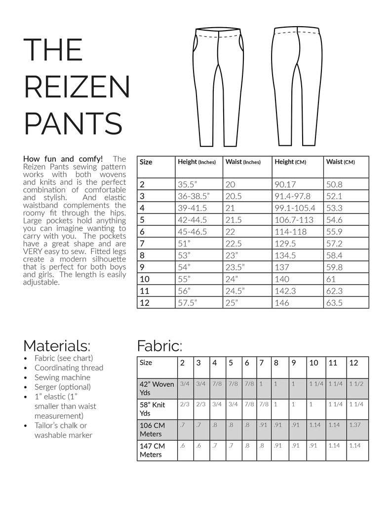 Child Pants PDF Sewing Pattern, the Reizen Pants Sized 2y to 12y - Etsy