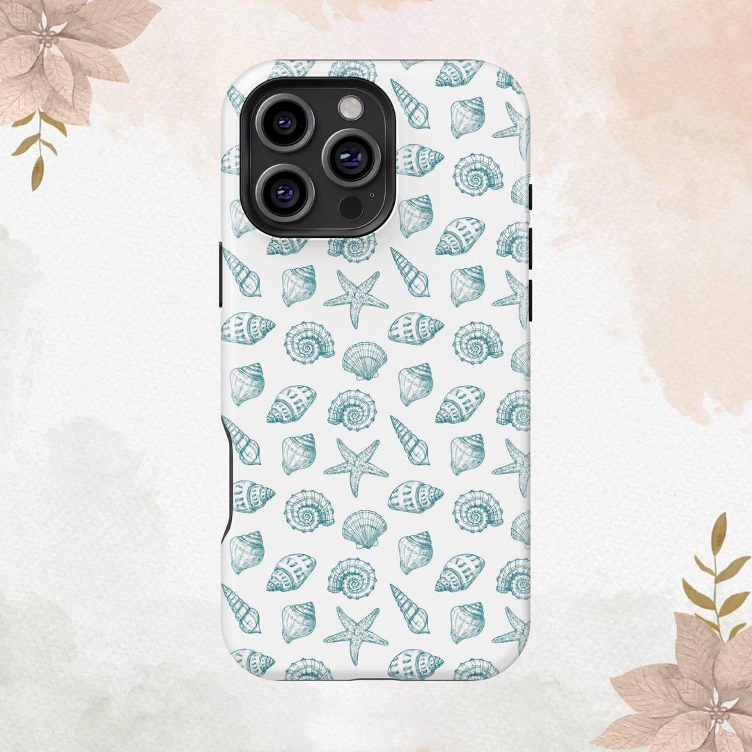 Nautical Green Seashells Conch Shell and Starfish for iPhone 16 15 14 ...