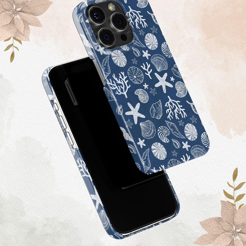 Vintage BLUE Ocean Shell Conch Coral for iPhone 16 15 14 13 12 11 Plus ...