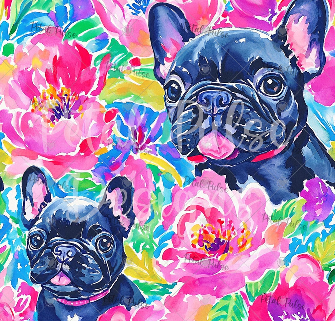Preppy French Bulldog Seamless Pattern File/ Brindle Frenchie Floral ...