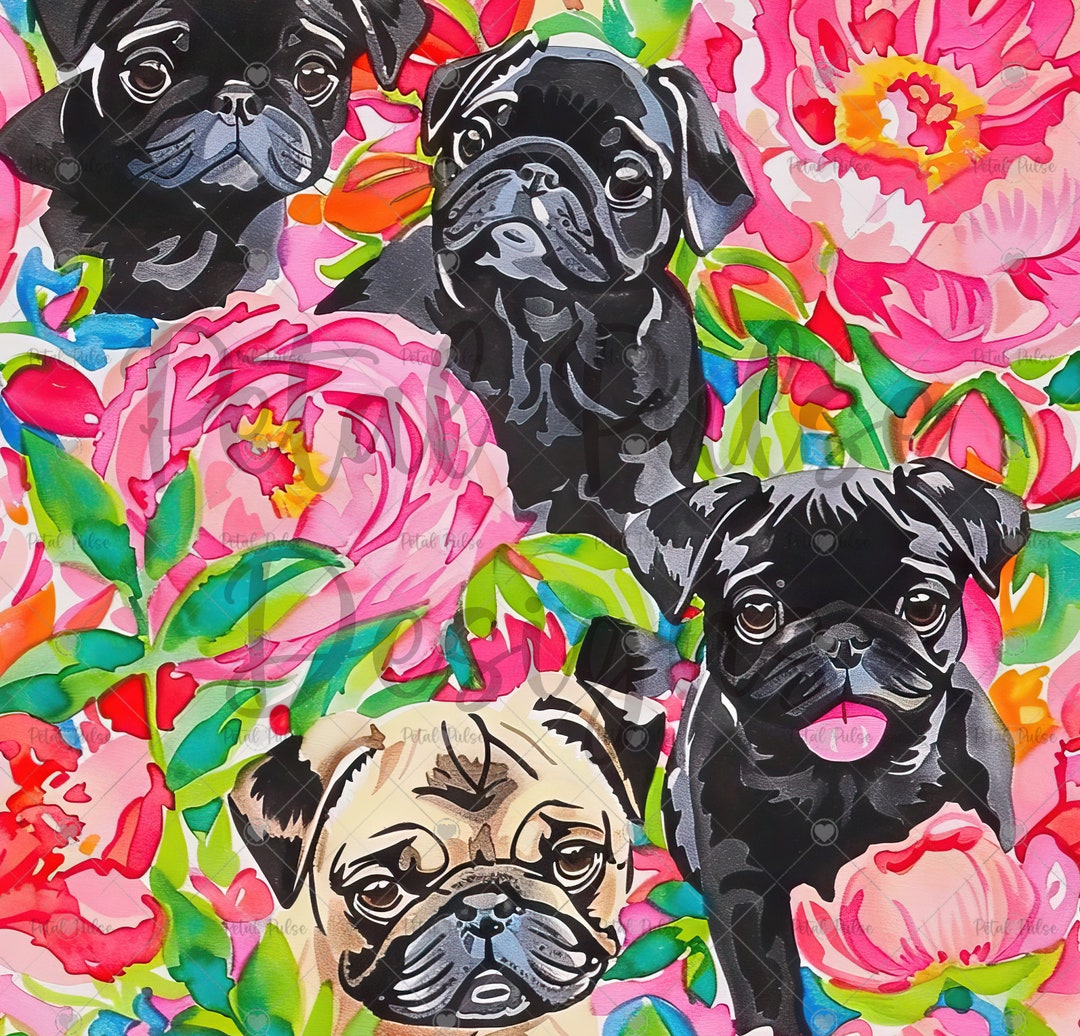 Preppy Pug Dog Seamless Pattern Repeating File/ Watercolor Floral ...