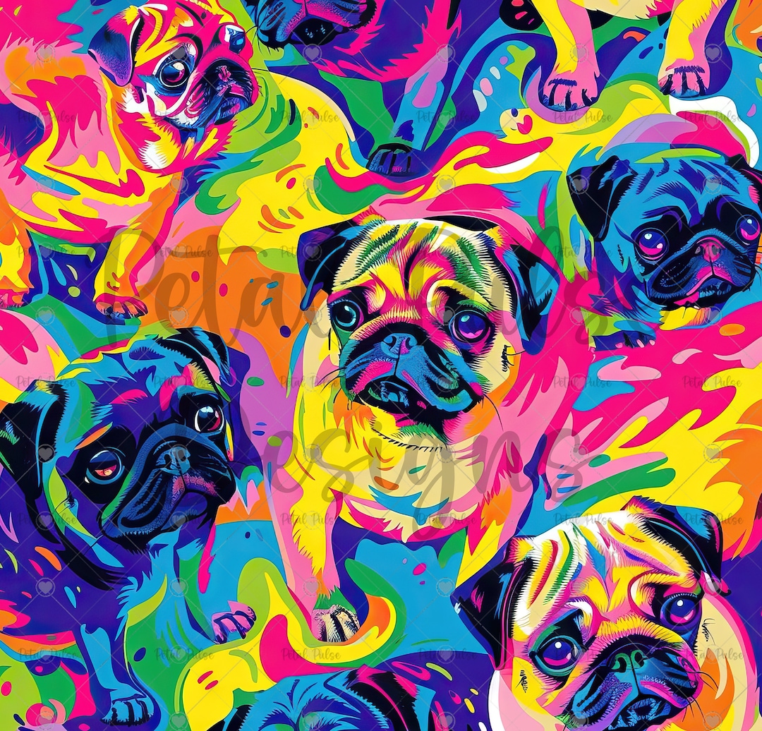 Rainbow Pug Dog Seamless Pattern/ Watercolor 90s Seamless/ Black Pug ...