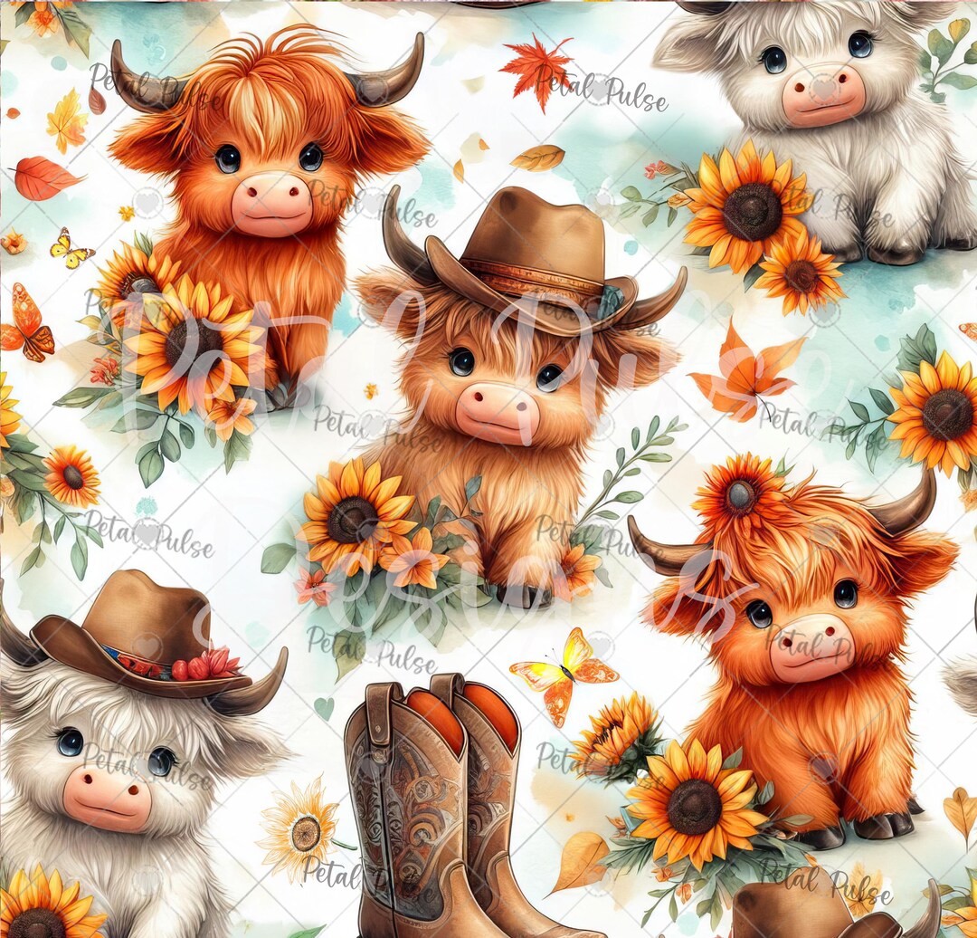 Fall Western Highland Cattle Seamless Pattern/ Cowboy Cow Boot Hat ...