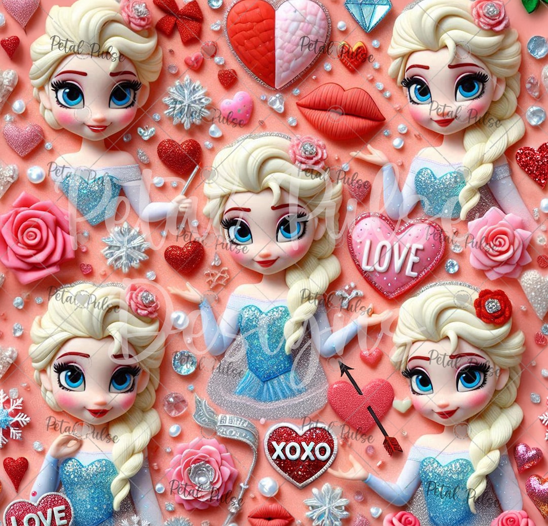 Valentine Princess Elsa Embroidery Seamless/ Rose Floral Magical Heart ...