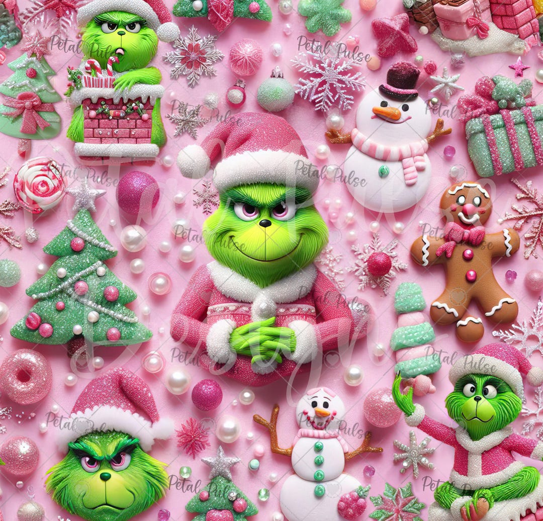 Pink Christmas Grinch Seamless Pattern/ 3D Embroidery Seamless Print ...