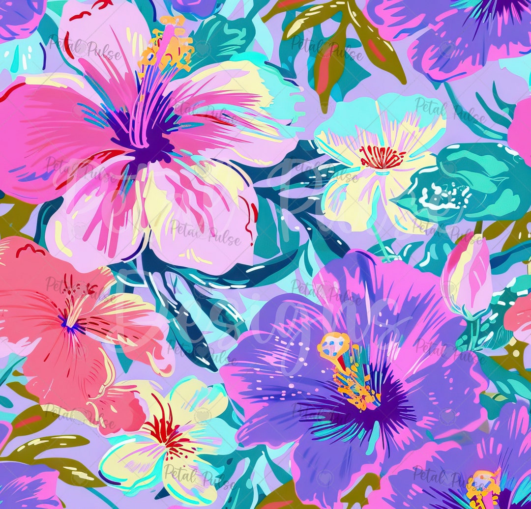 Preppy Hibiscus Seamless Pattern/ Tropical Flower Seamless File/ Summer ...