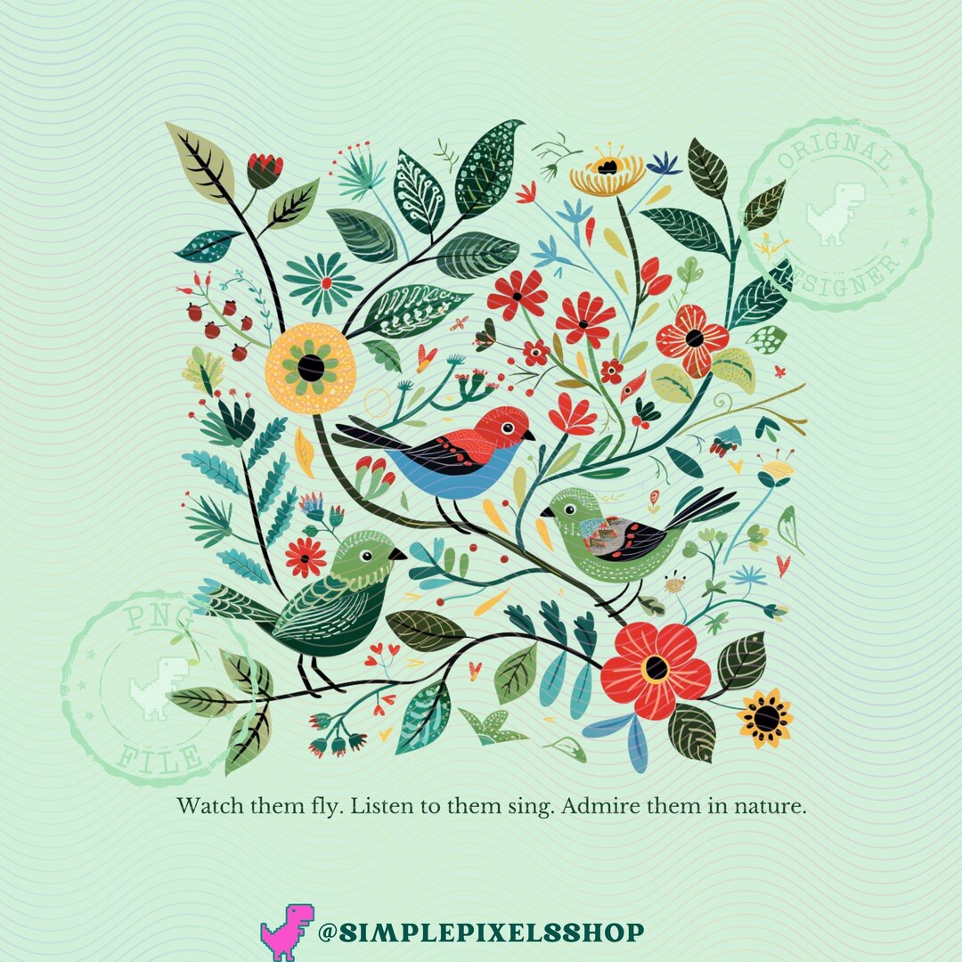 Colorful Cottagecore Birds and Flowers Scandinavian Folk Art Design PNG ...