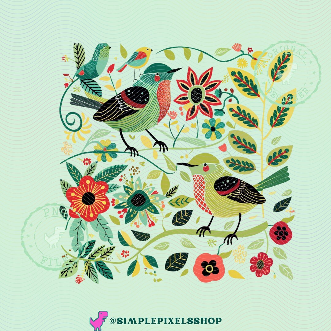 Vibrant Cottagecore Birds and Flowers Scandinavian Folk Art Design PNG ...
