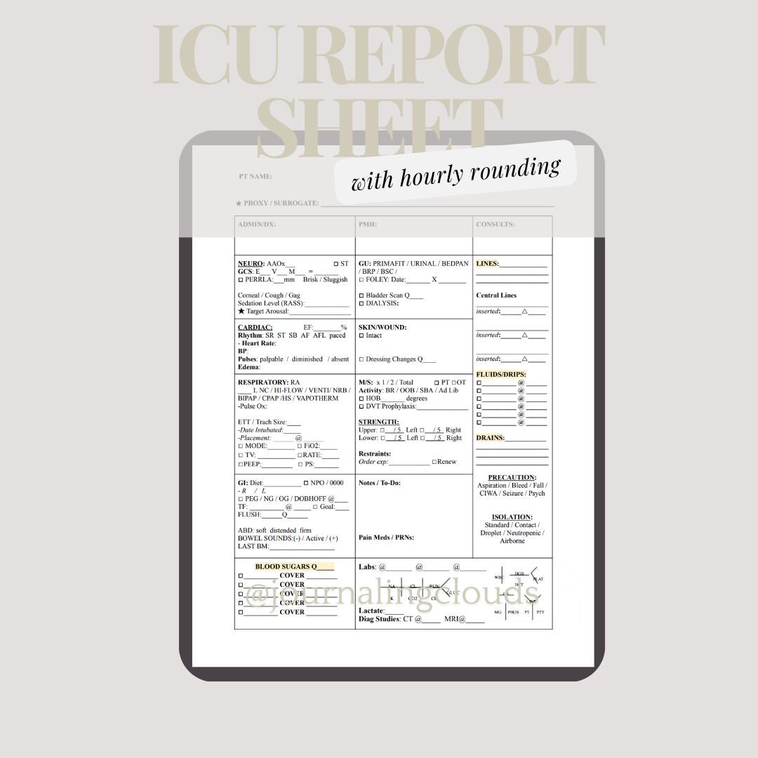 ICU Nurse Report Sheet Detailed With Hourly Rounding (two-sided ...