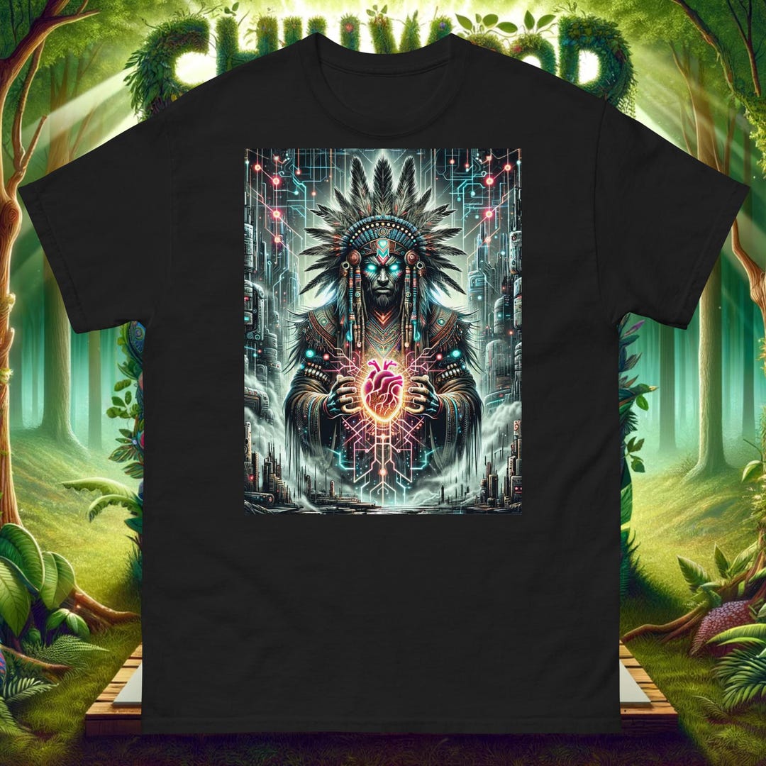 Black Cotton T-shirt, Blue Shaman Design With Glowing Heart, Visionary ...
