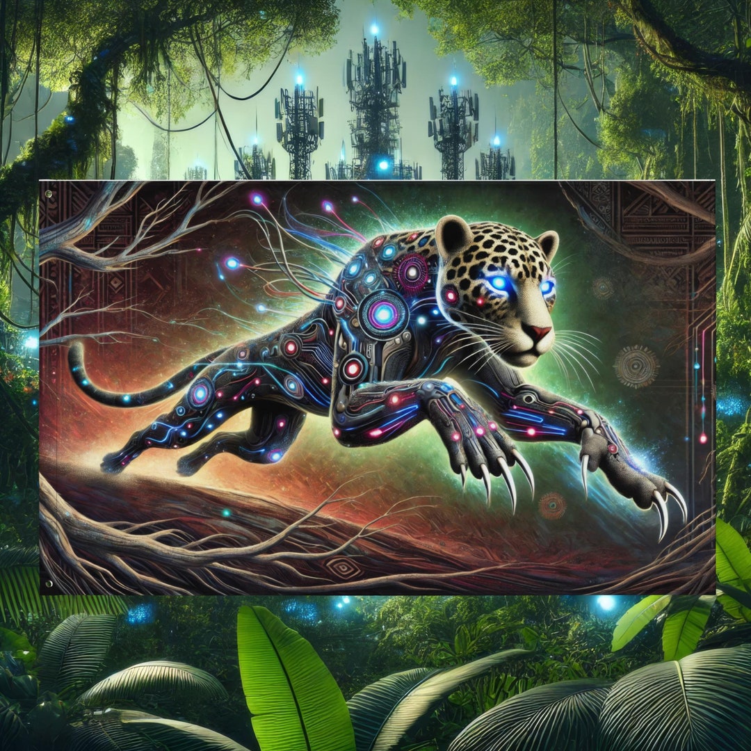 Flag Cyber Leopard Tech Art Wall Futuristic Jungle Digital Design Home ...