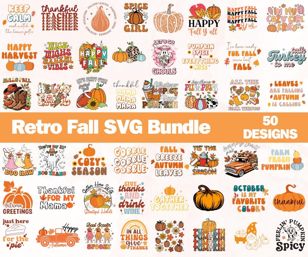 50 Retro Fall Bundle SVG PNG, Thanksgiving Svg, Fall Vibes Svg, Trendy ...