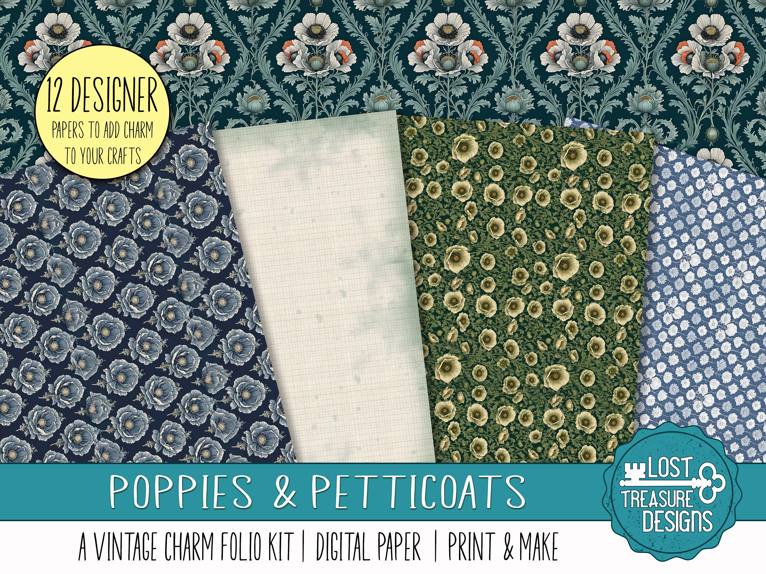 POPPIES & PETTICOATS a Vintage Charm Folio Kit, Papercraft Printable ...