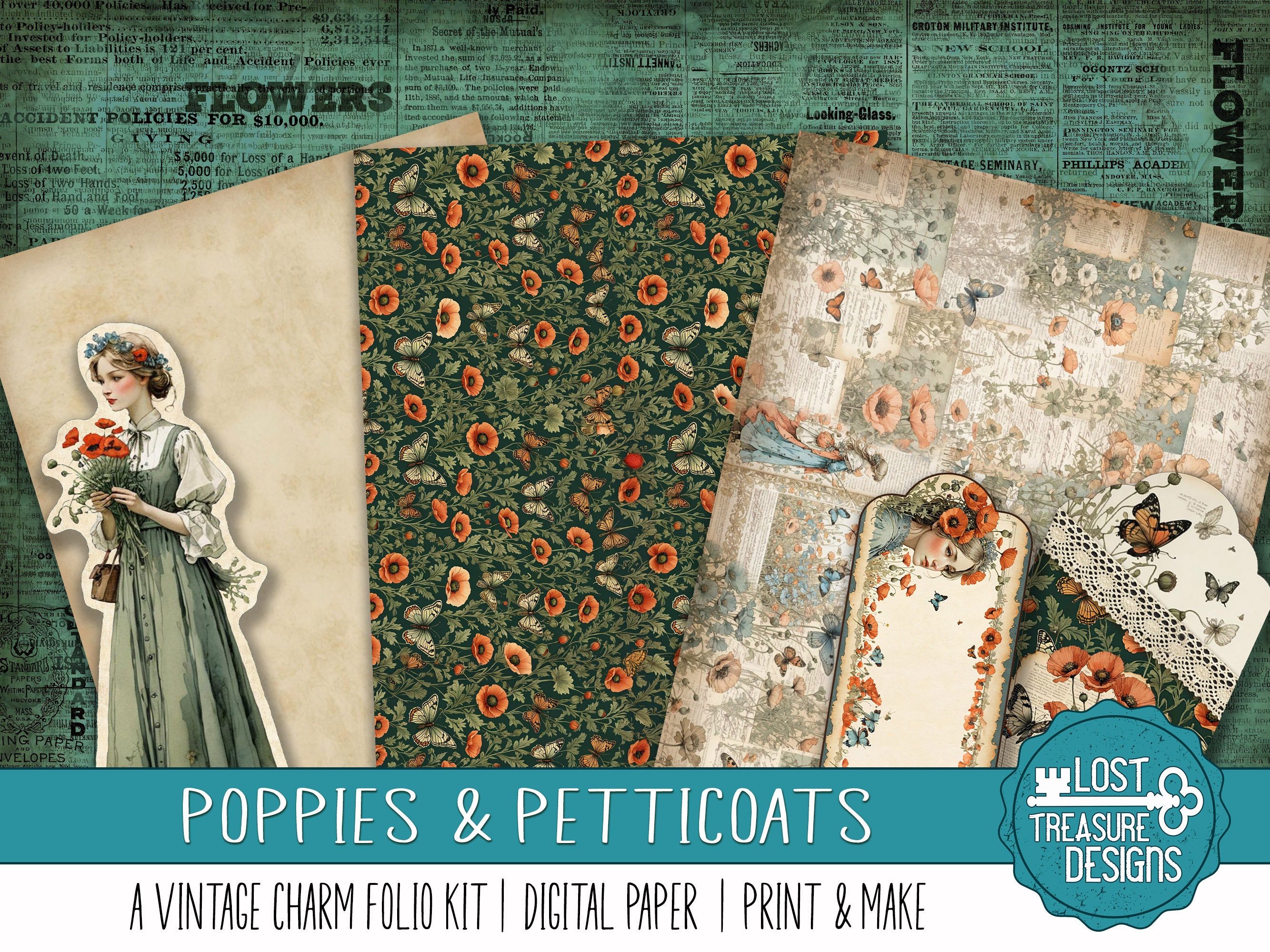 POPPIES & PETTICOATS a Vintage Charm Folio Kit, Papercraft Printable ...