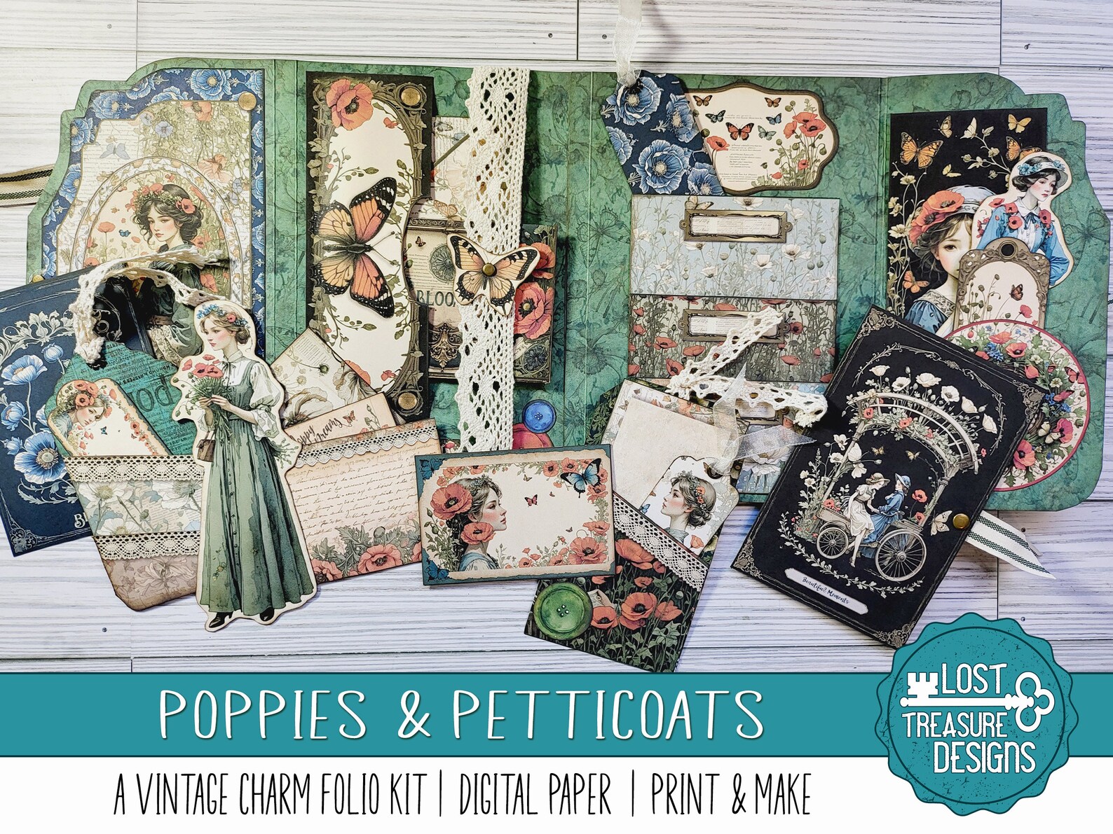 POPPIES & PETTICOATS a Vintage Charm Folio Kit, Papercraft Printable ...