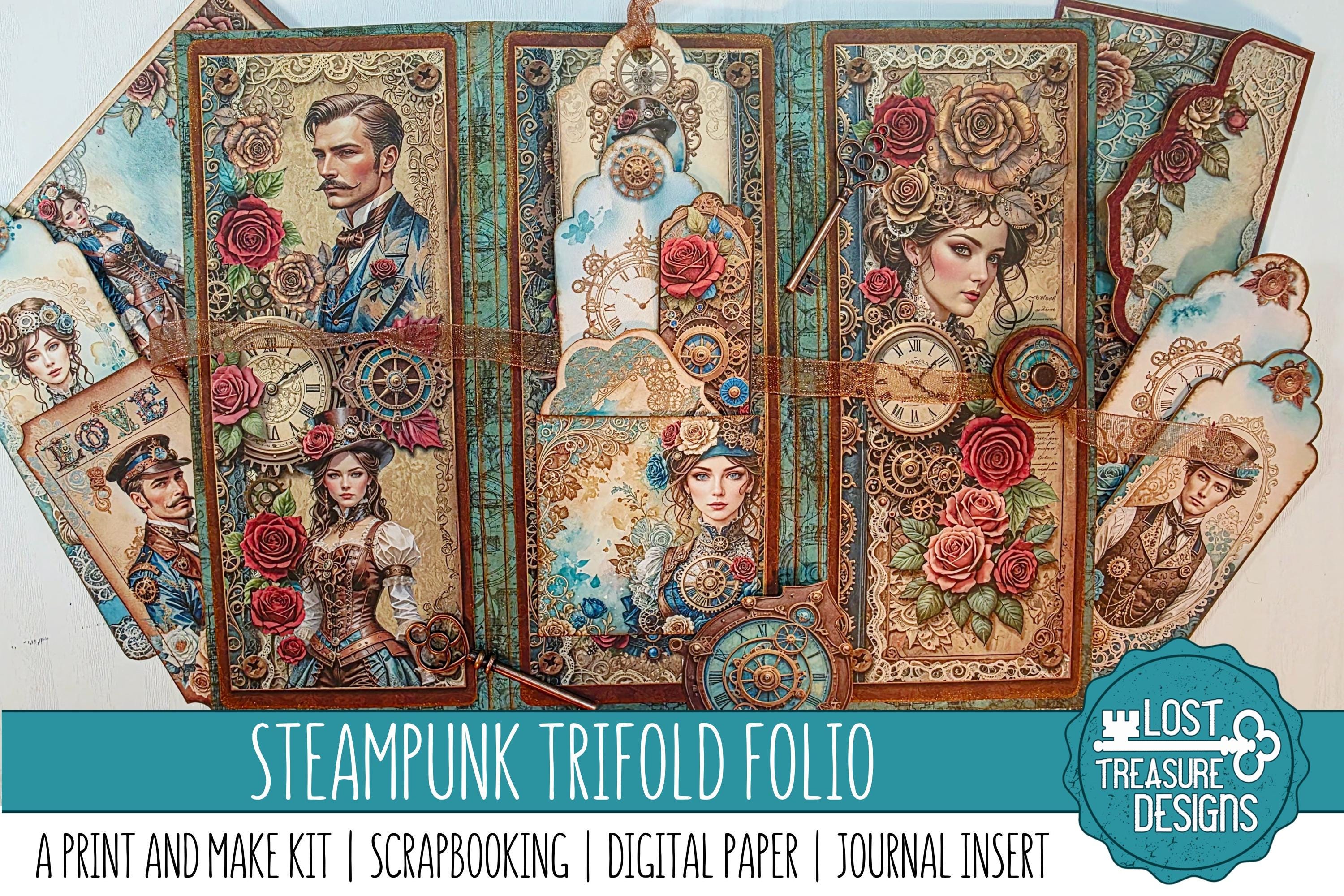 STEAMPUNK: A Trifold Folio With Waterfall Pockets. Digital Scrapbooking ...