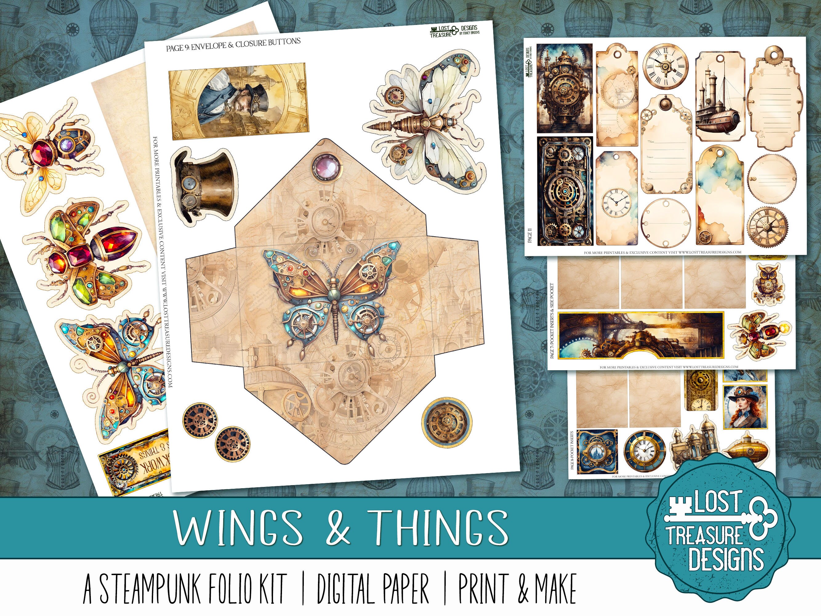 WINGS & THINGS: A Steampunk Folio Kit, Papercraft Printable Kit With ...