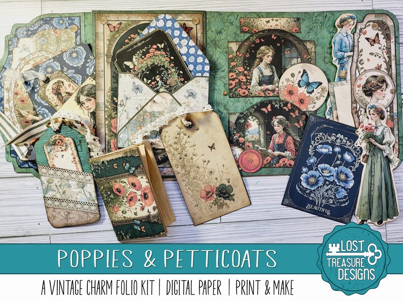 POPPIES & PETTICOATS a Vintage Charm Folio Kit, Papercraft Printable ...