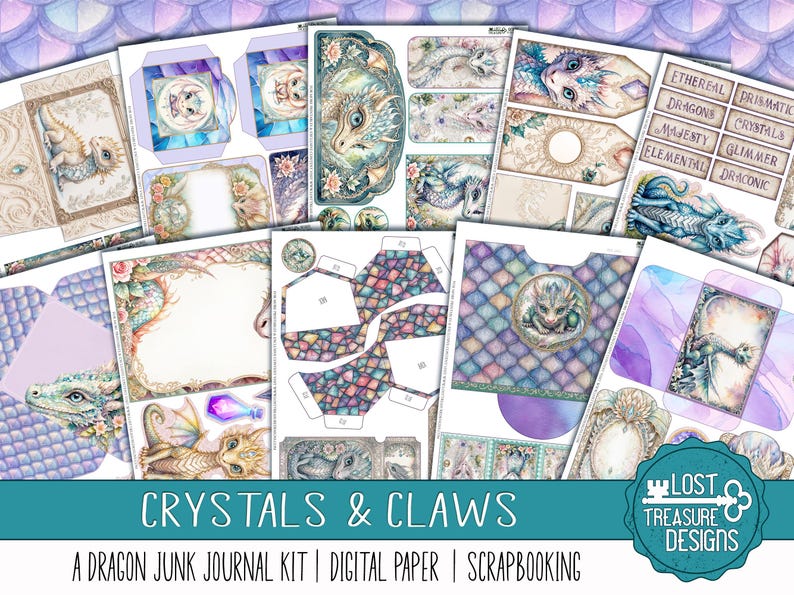 CRYSTALS & CLAWS: A Dragon Junk Journal Kit. Embellishments, Digital ...