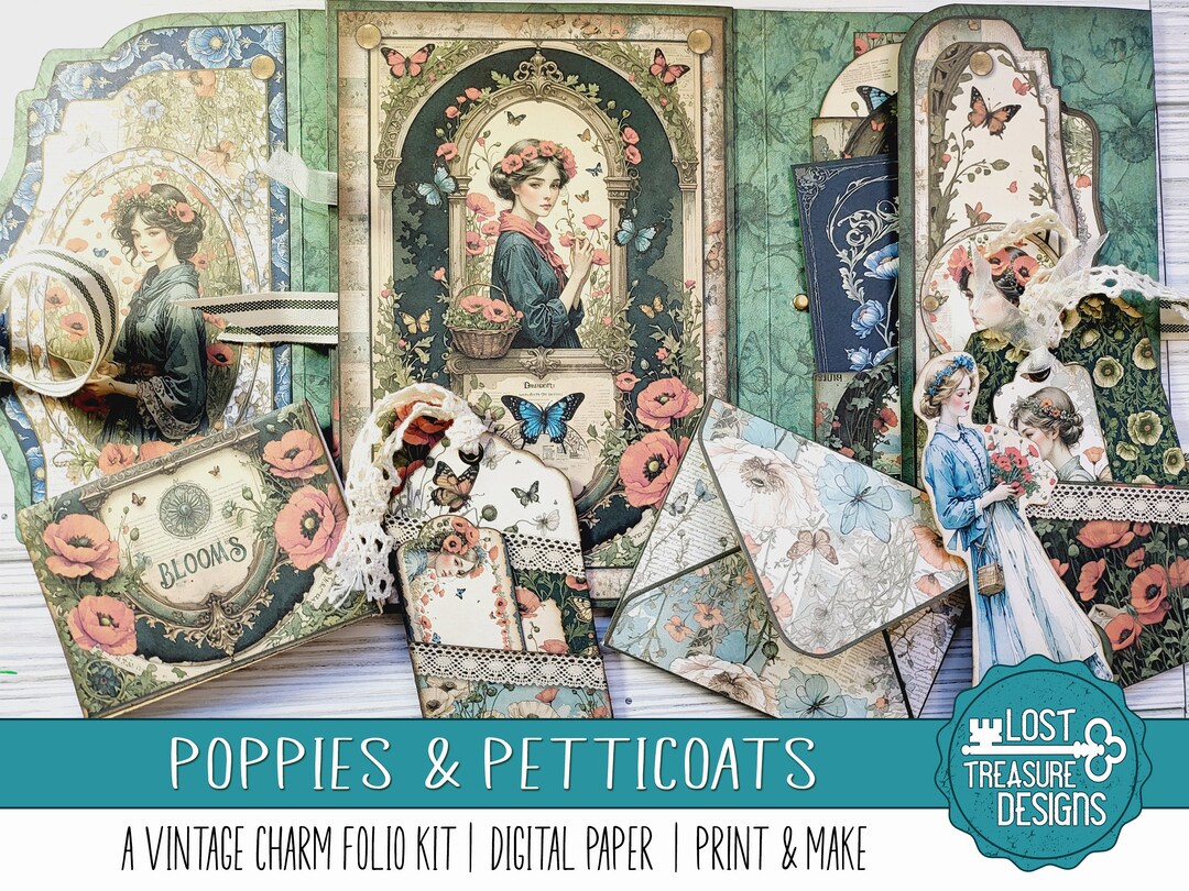 POPPIES & PETTICOATS a Vintage Charm Folio Kit, Papercraft Printable ...