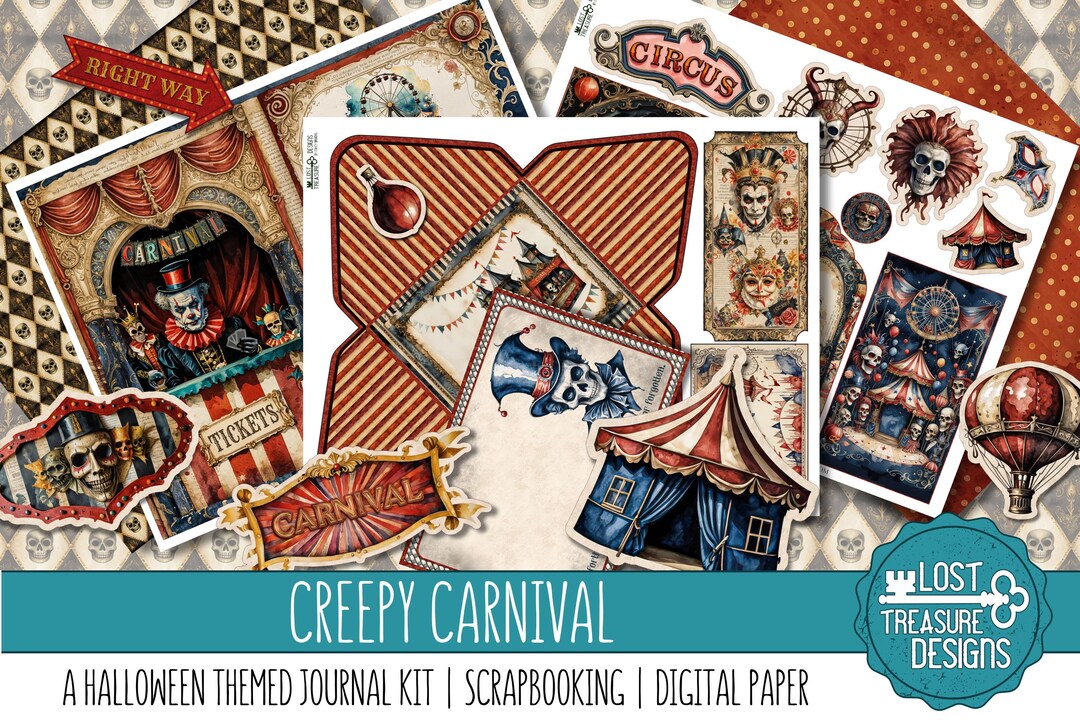 CREEPY CARNIVAL: A Halloween Horror Junk Journal Kit, Embellishments ...