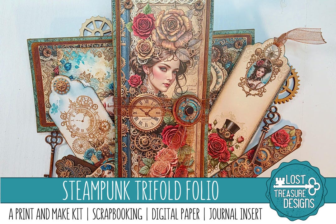 STEAMPUNK: A Trifold Folio With Waterfall Pockets. Digital Scrapbooking ...