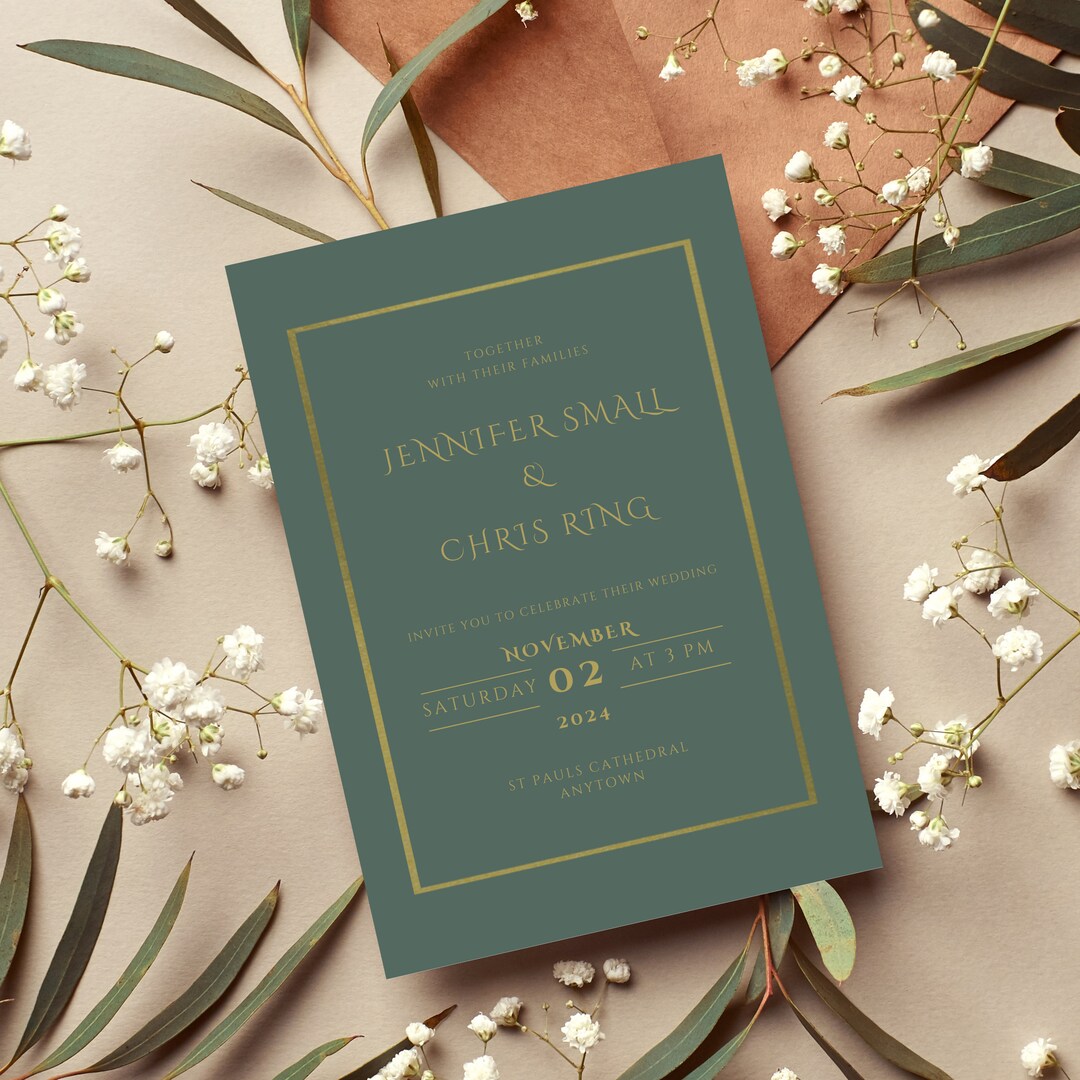 Green Gold Wedding Invitation, Classic Wedding Invitation, Elegant ...