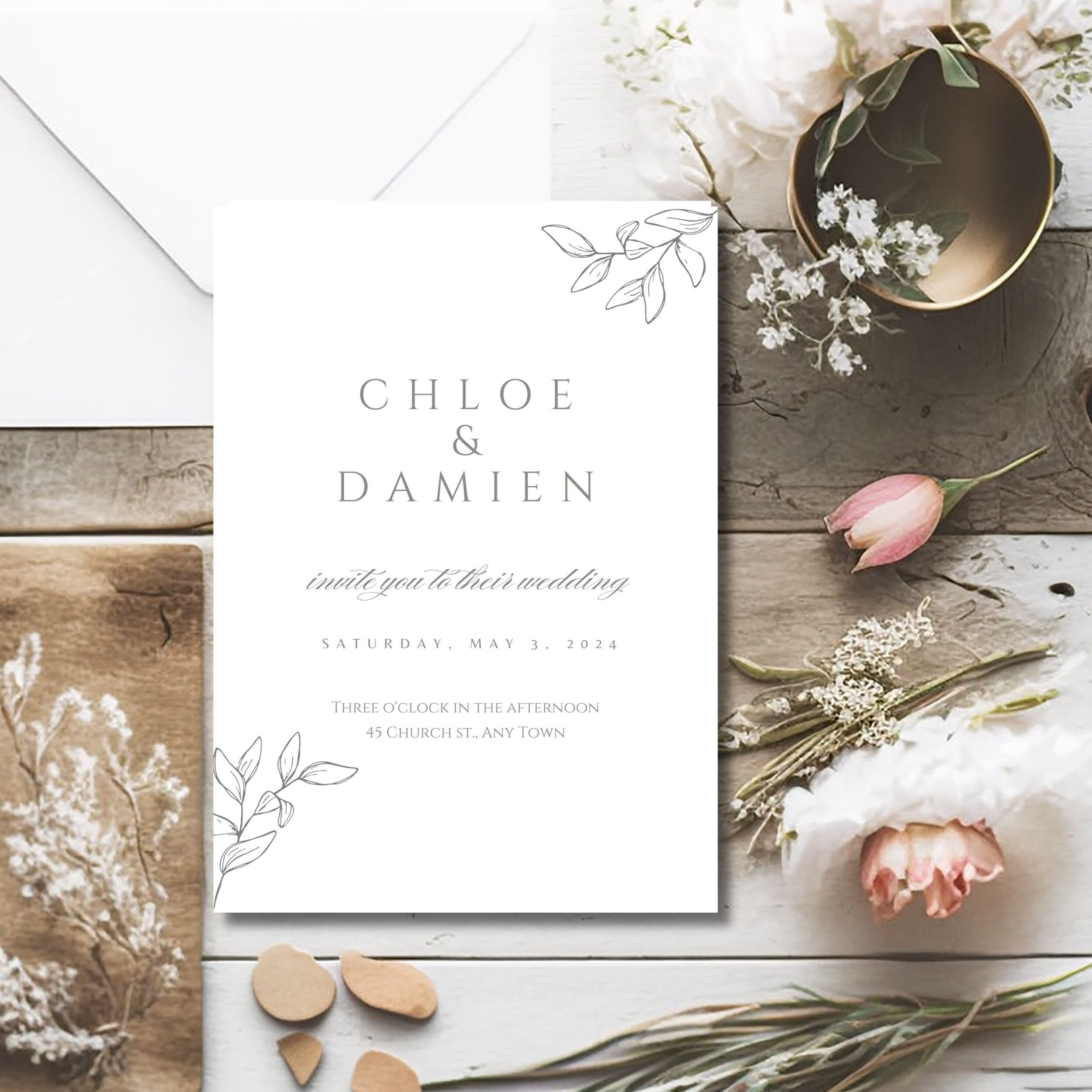 Editable Classic Wedding Invitation With Greenery, Botanical Invitation ...