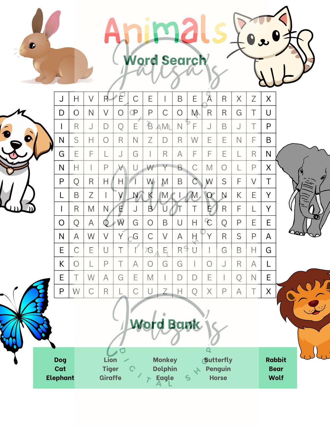Animal Word Search for Kids: Printable Activity (PDF) - Etsy
