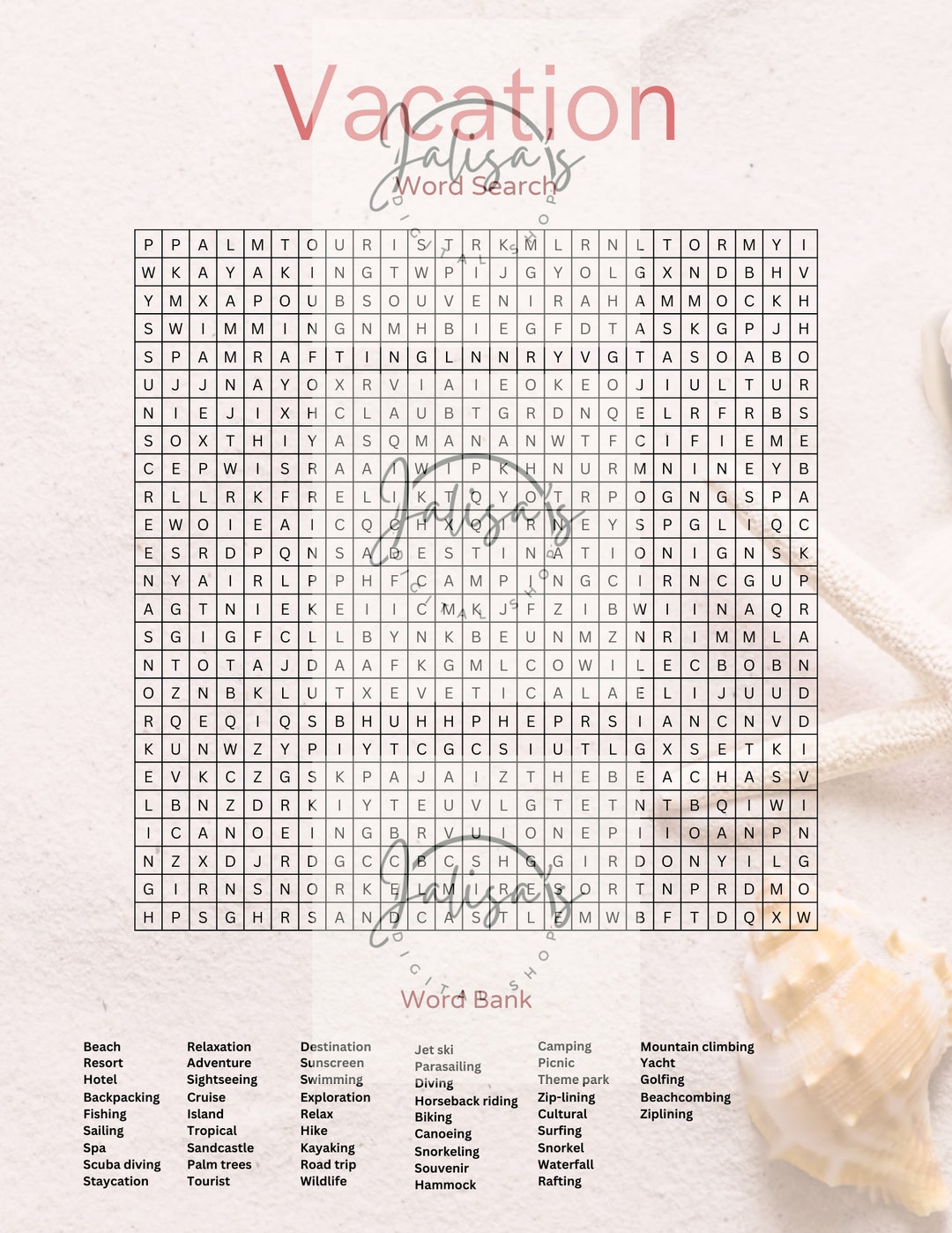 Vacation Theme Digital Word Search | Word Search for Adults | Word ...